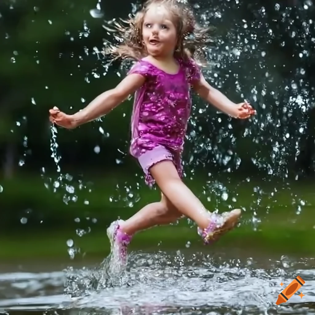 Girl Jumping In Puddles And Splashing Water On Craiyon