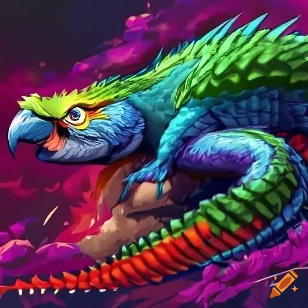 Stylized fantasy art of a rainbow macaw alligator hybrid on Craiyon