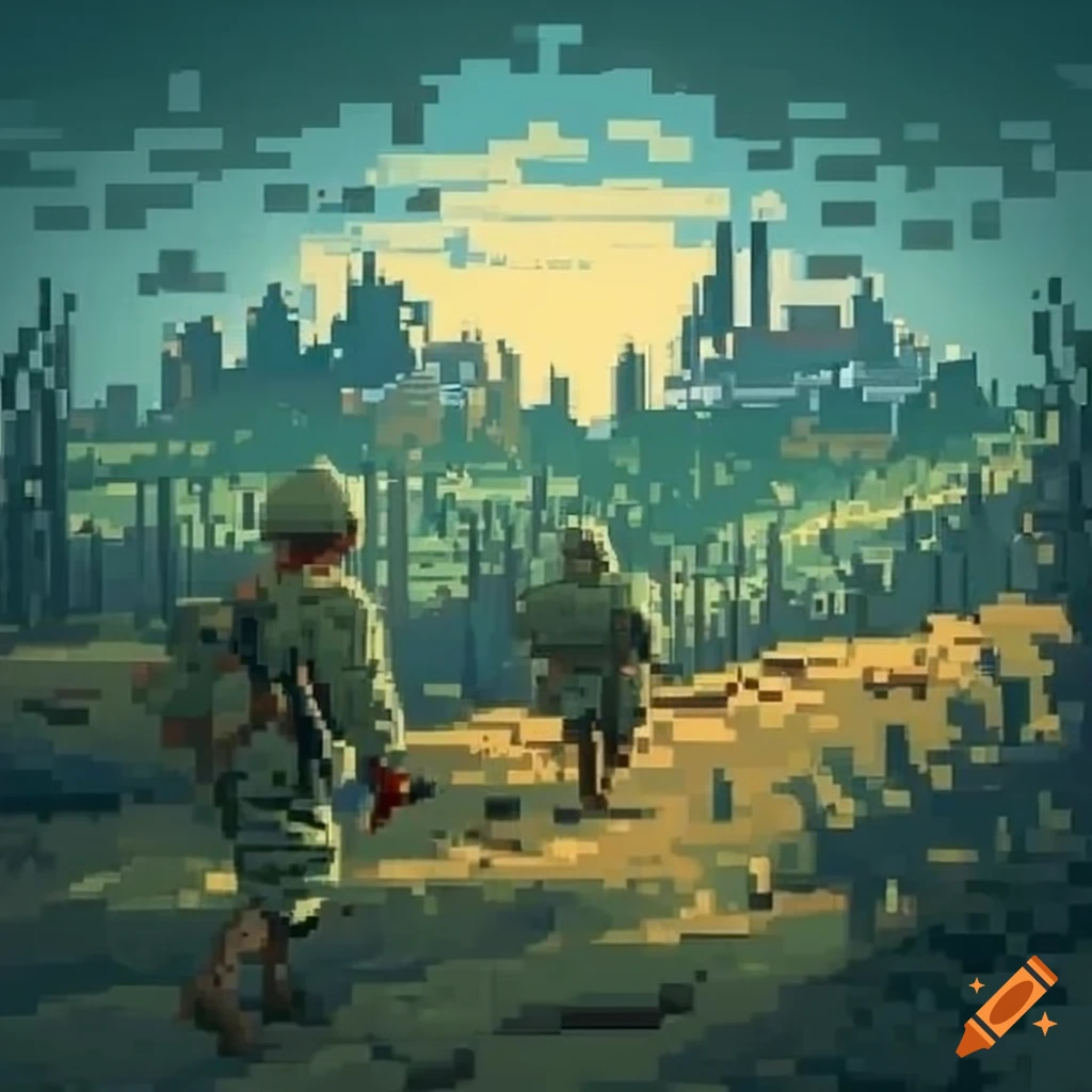Pixel art of post-world war one battlefield and trenches on Craiyon
