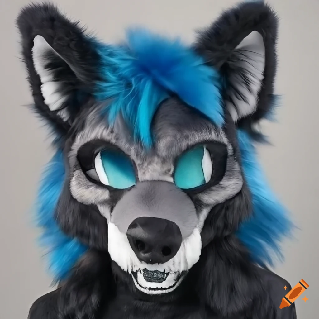 Fursuit of a black skull wolf with blue hair on Craiyon