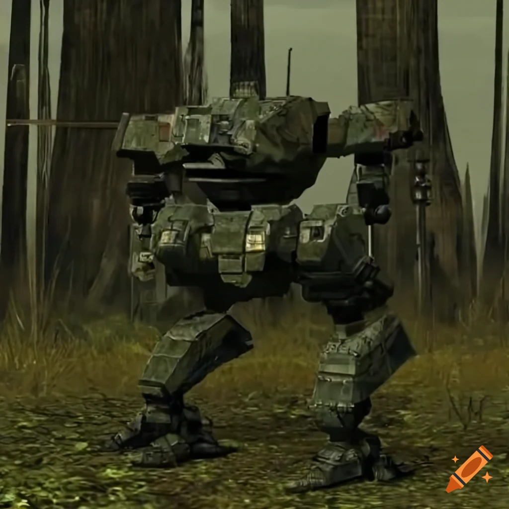 Camouflaged mech in a swamp at night