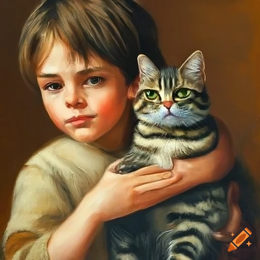 Portrait oil painting of a boy hugging a cat