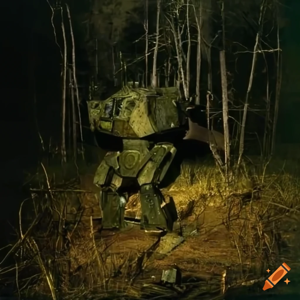 Light armored mech in marshland at night on Craiyon