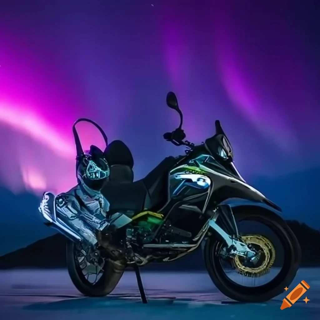 Bmw gs motorcycle under mesmerizing aurora borealis