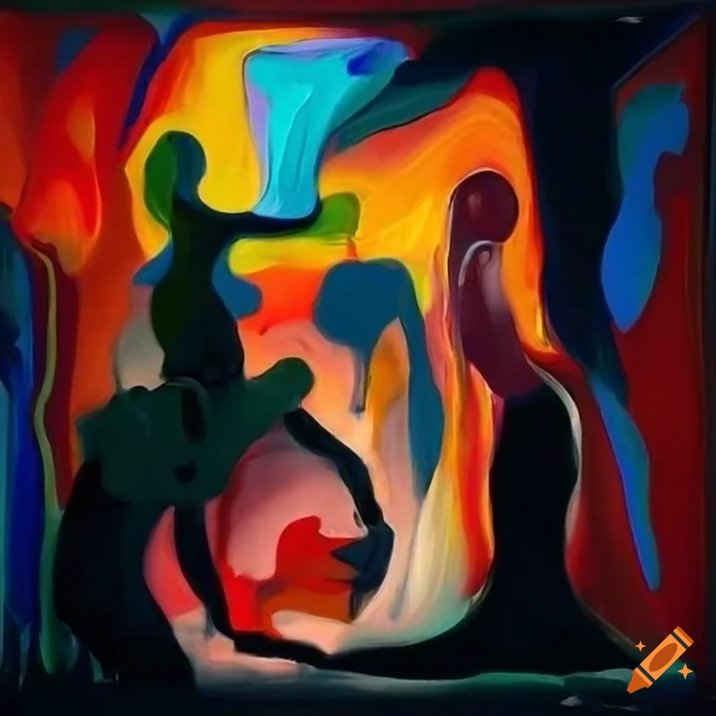 Abstract artwork of melting figures on street with fluorescent ...