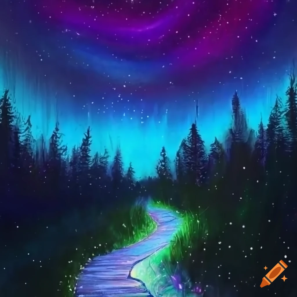 Drawing of a mystical night scene with aurora and a ufo on Craiyon