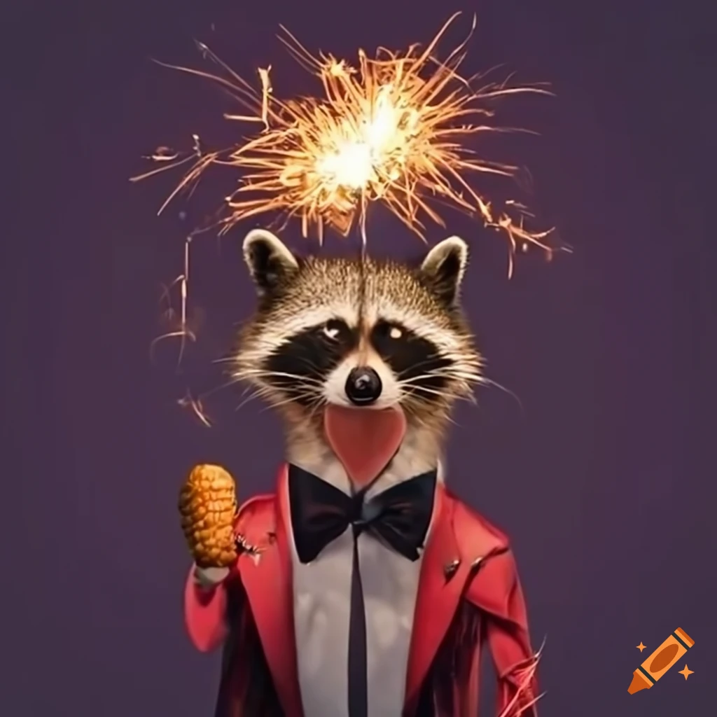 Humorous image of a raccoon eating corn dog with sparklers on Craiyon
