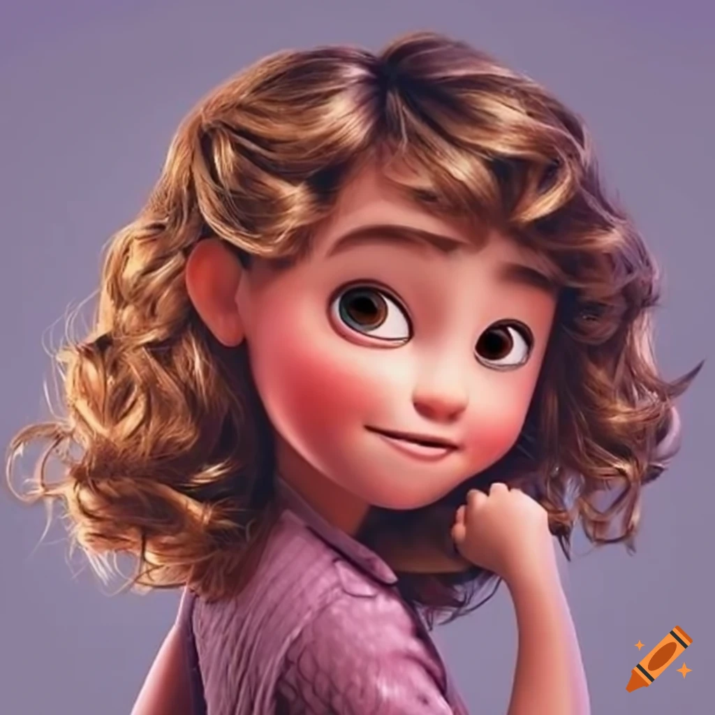 Pixar character of a curly-haired girl with brown eyes on Craiyon
