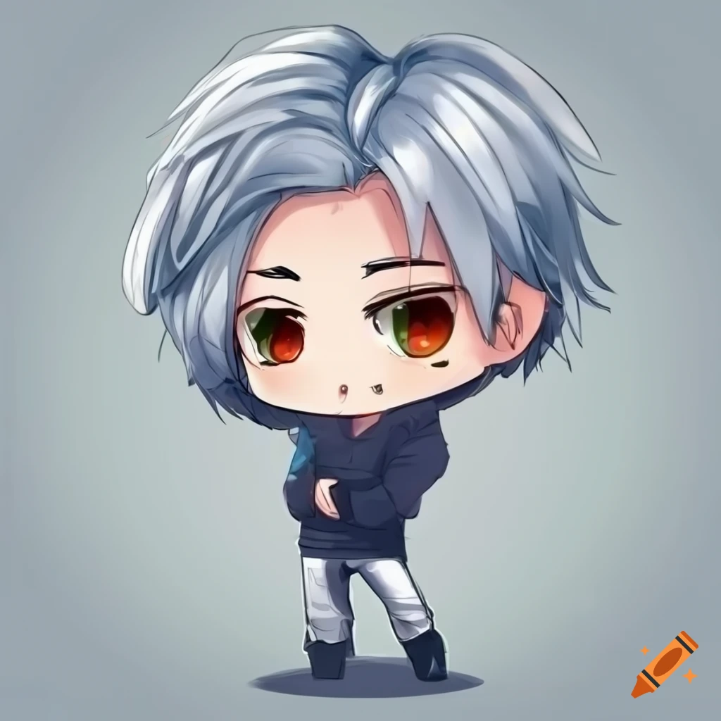 White-haired chibi character with a stylish hoodie on Craiyon
