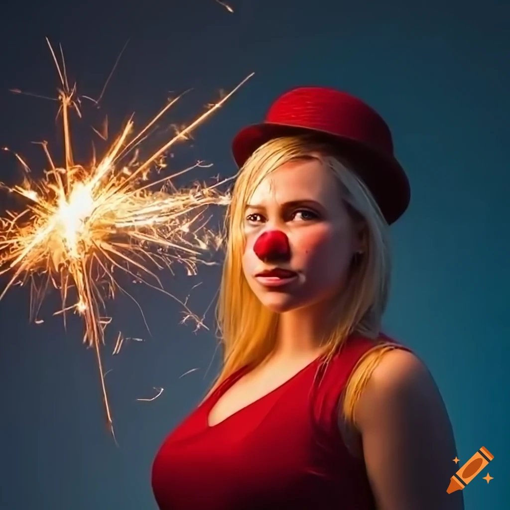 Woman with red clown nose and sparkler in bowler hat on Craiyon
