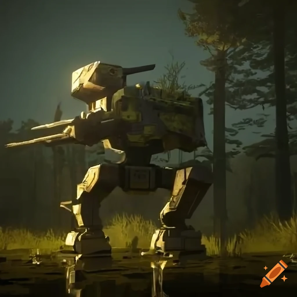 Camouflaged armored mech in a swamp on Craiyon