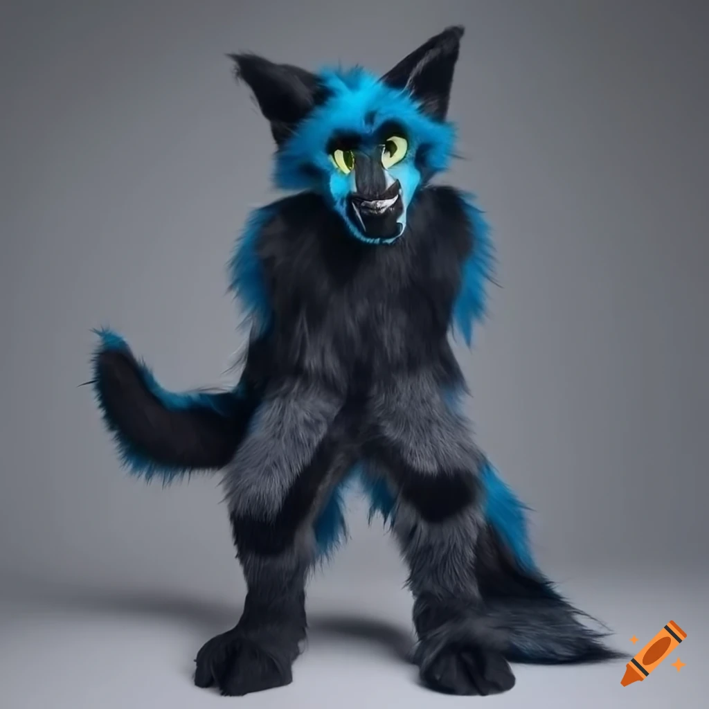Fursuit of a black skull wolf with dark blue hair on Craiyon