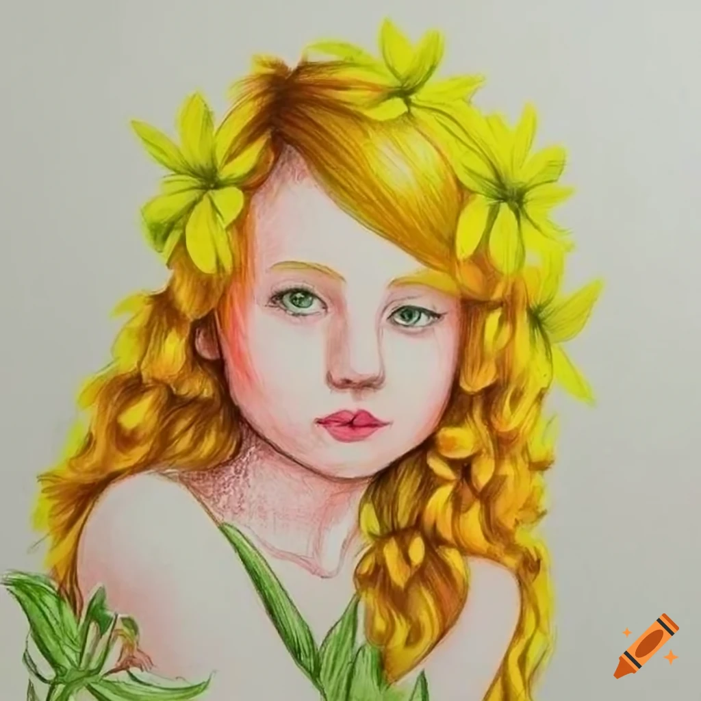 Pencil drawing of girl with flowing yellow hair surrounded by flowers on Craiyon