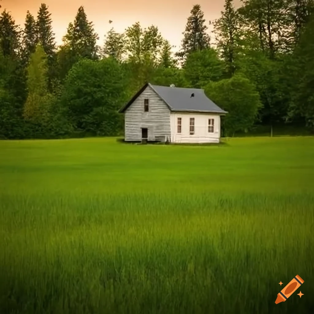 House in a green field with trees on Craiyon