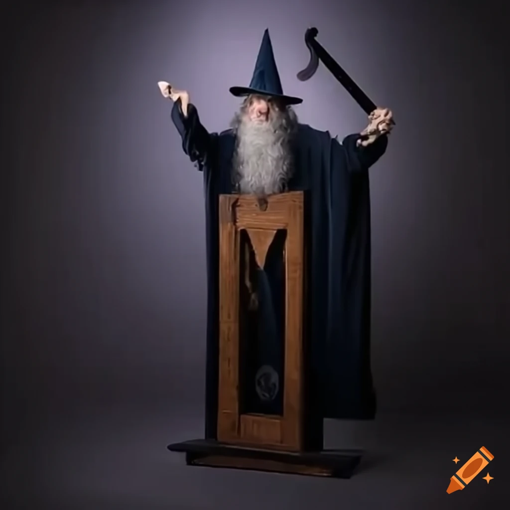 Wizard performing a funny magic trick with a guillotine on Craiyon