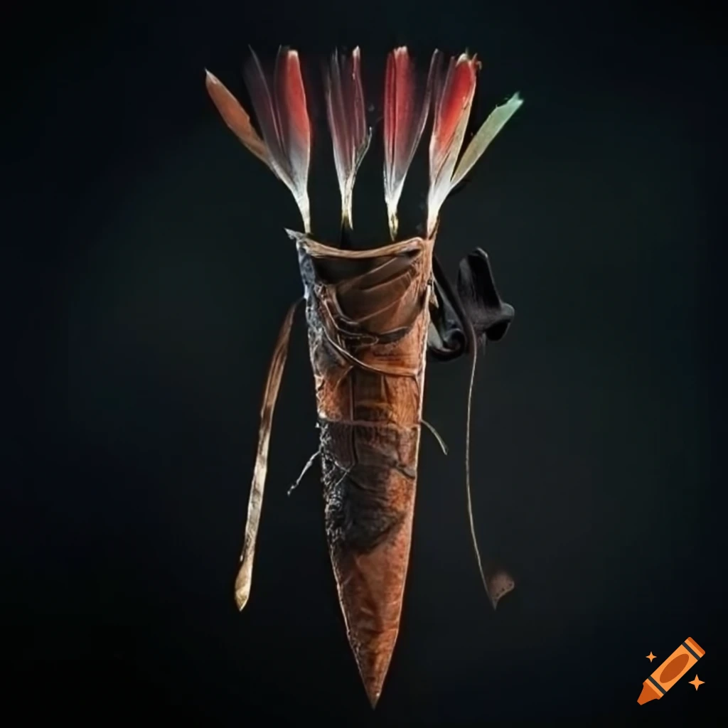 Black wooden quiver filled with red feathered arrows on Craiyon