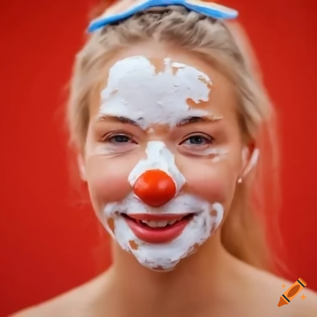 Woman with red clown nose covered in shaving foam at circus on Craiyon