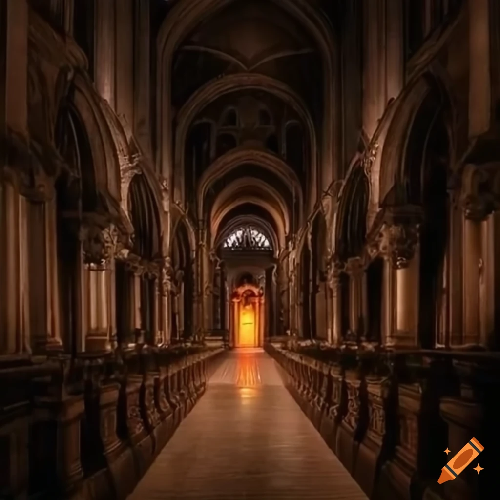 Hallway of a medieval castle at night with candles lighting the walls ...