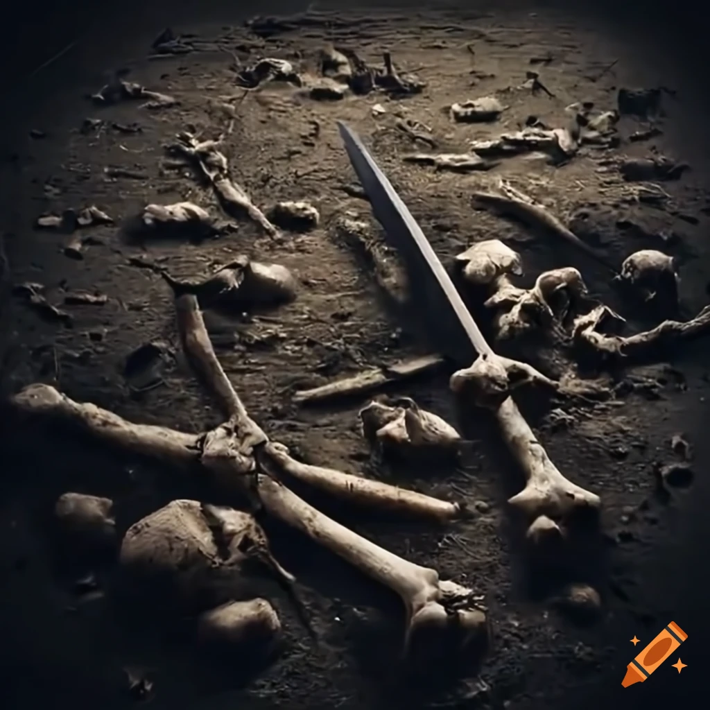 Dark fantasy illustration of a path filled with bones and swords on Craiyon