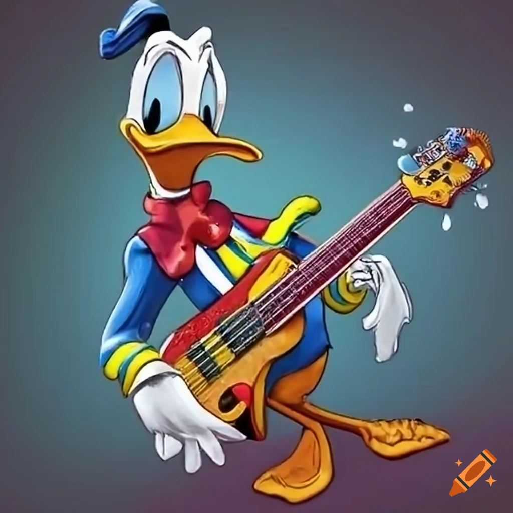 Cartoon Bass Player Donald Duck Playing The Bass Guitar On Craiyon