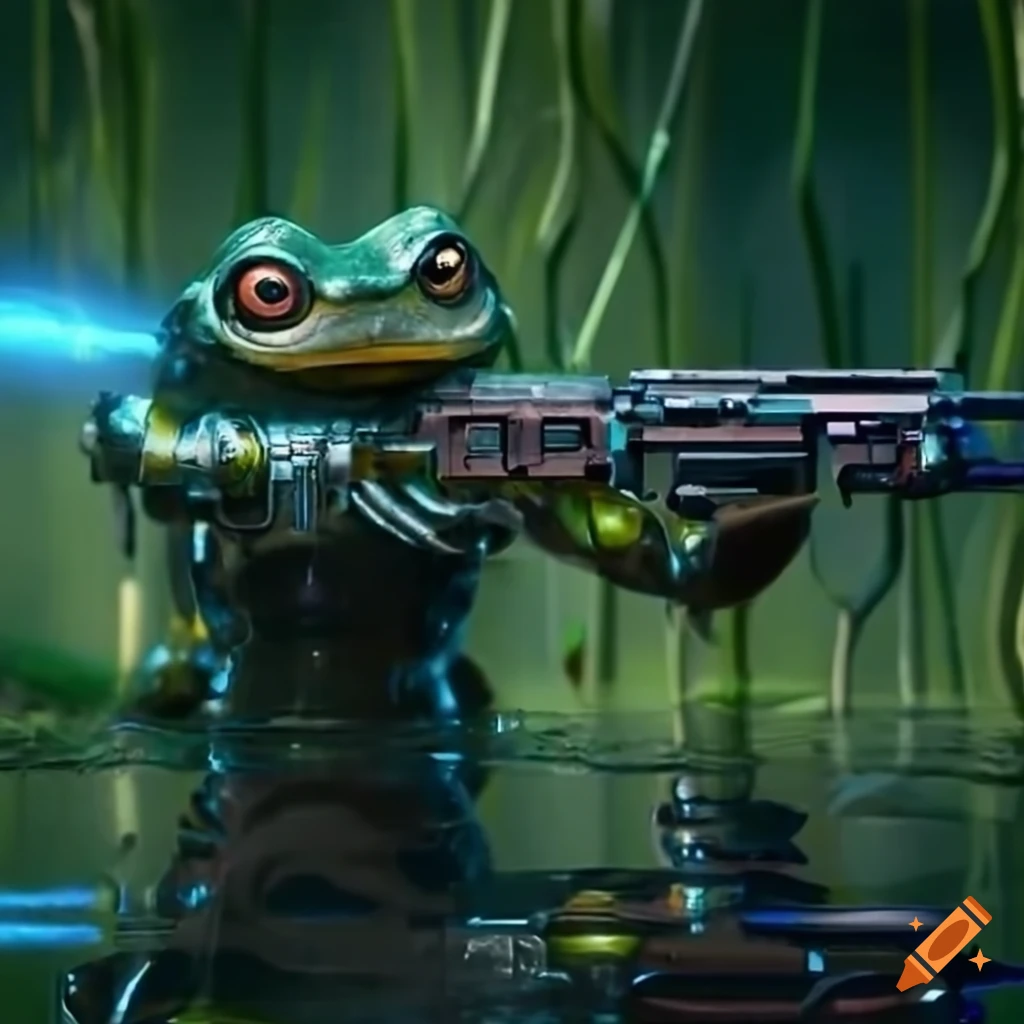 Artwork of a futuristic mechanical frog with a plasma rifle on Craiyon