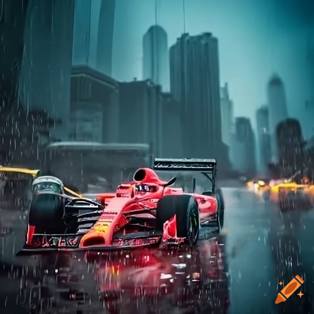 F1 race car speeding in the rain on Craiyon