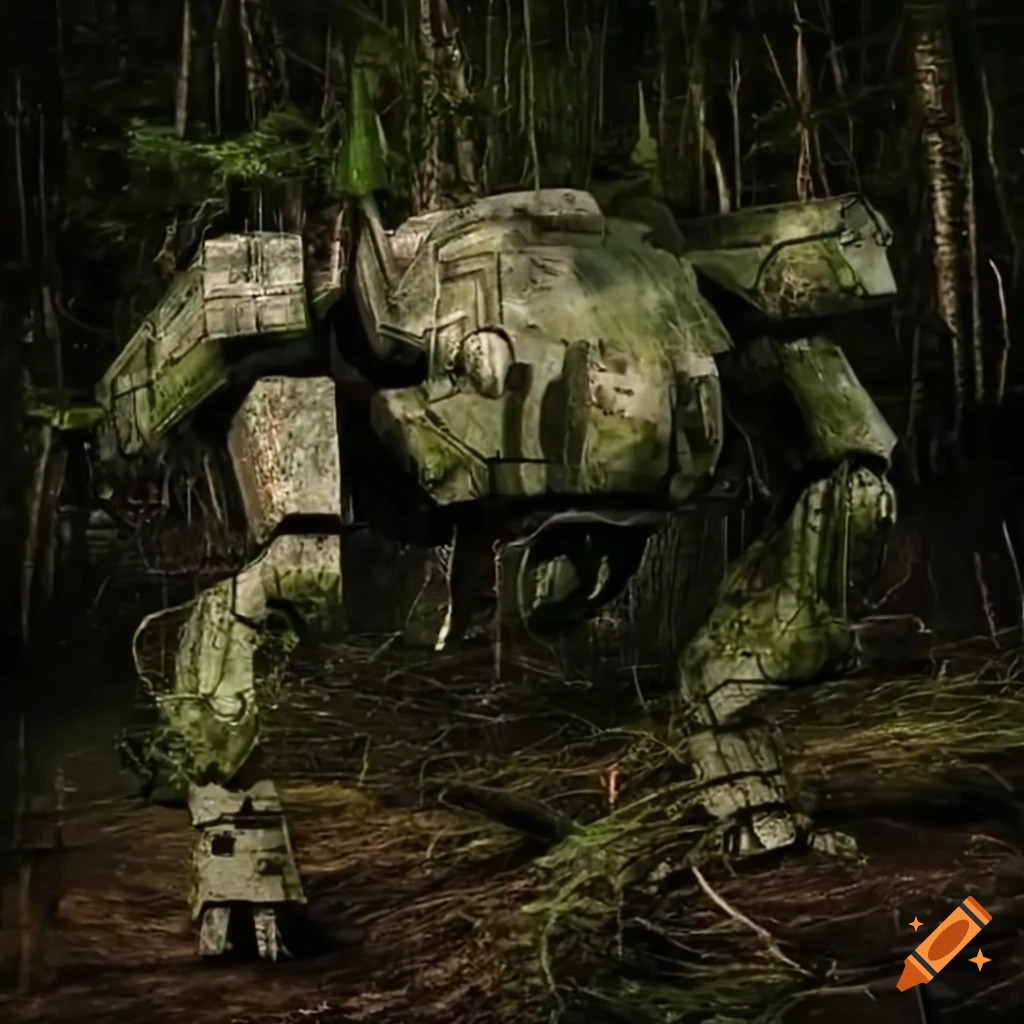 Camouflaged Armored Mech in a swamp on Craiyon