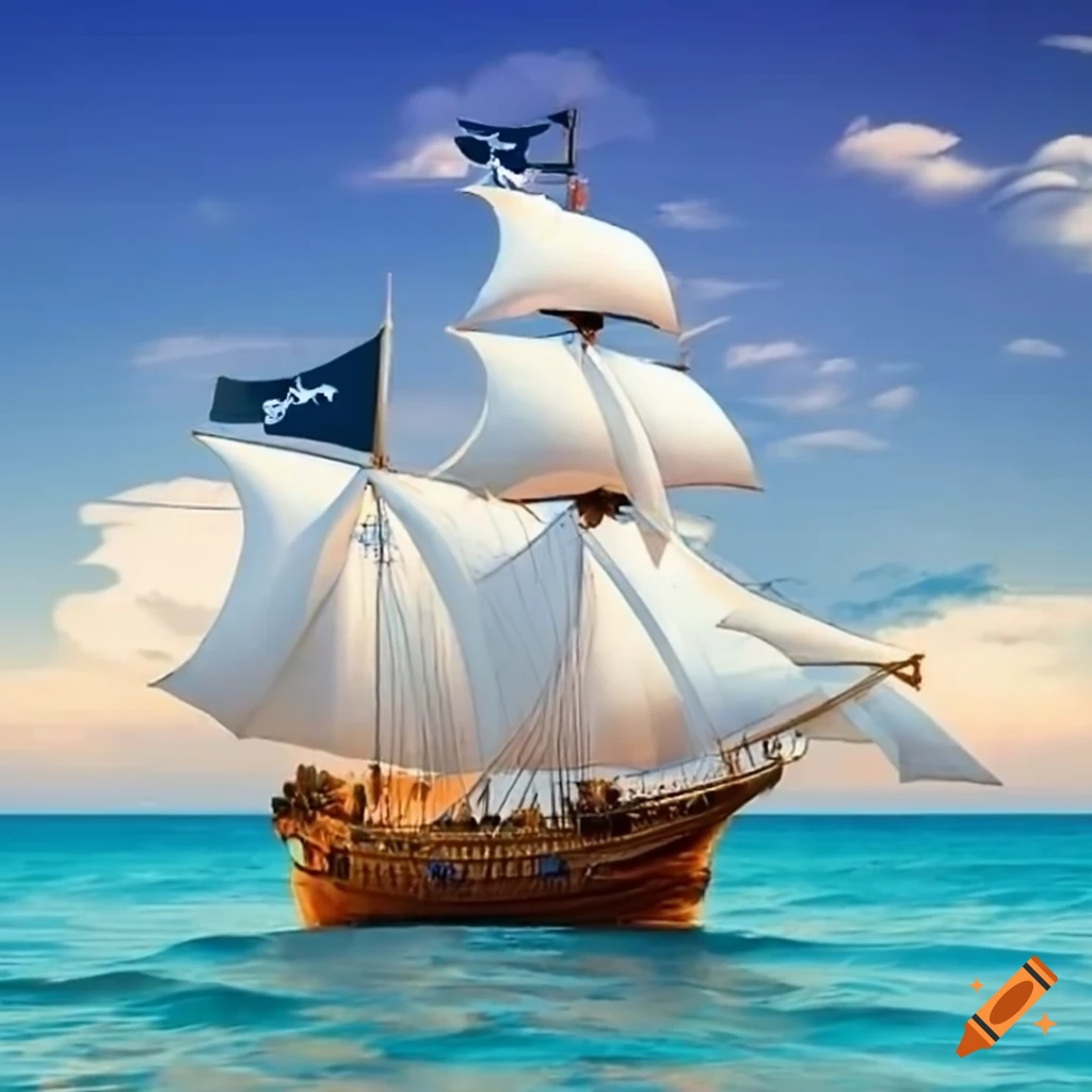 Profile of a white sail pirate ship on a sunny beach on Craiyon