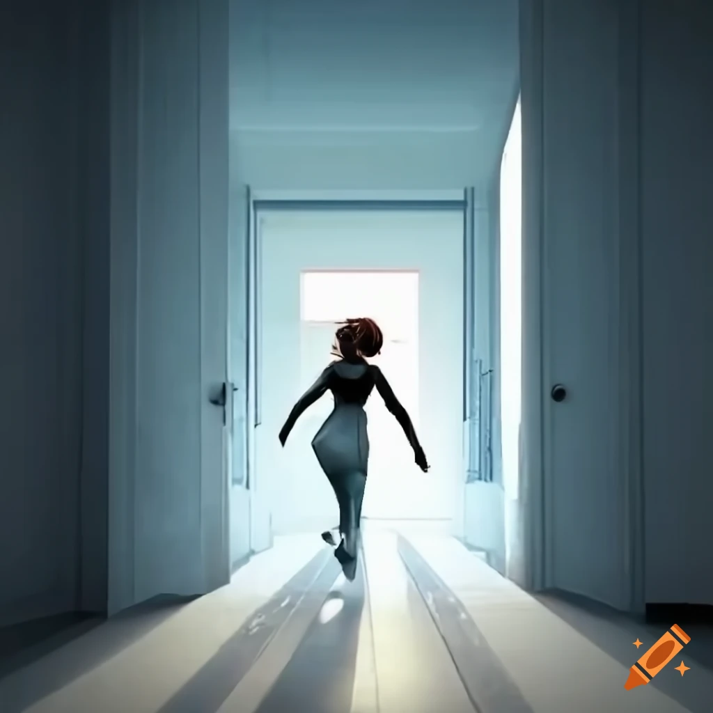 Woman jumping through doorframe in mirror's edge style