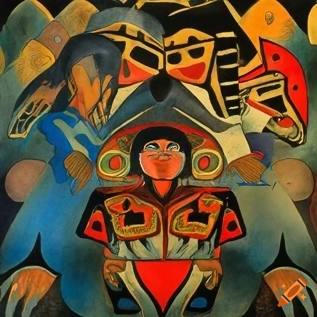 Color lithograph of native salish designs on Craiyon