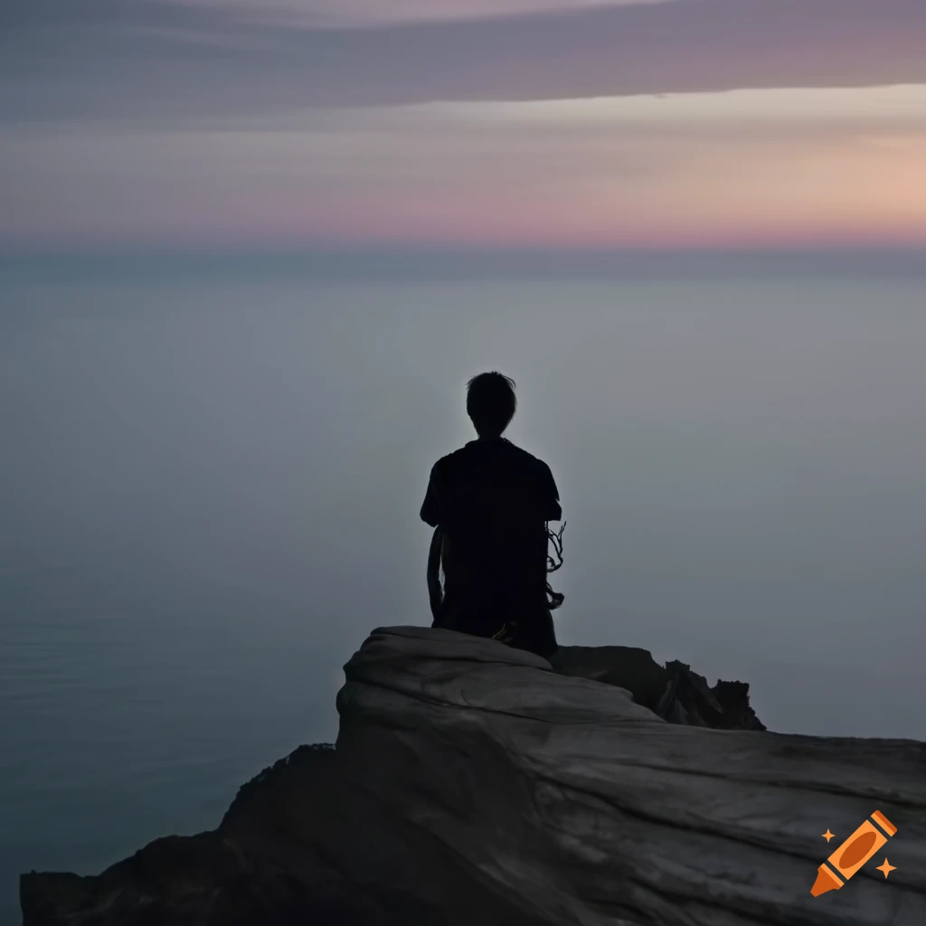 Dramatic photo of a man standing on a cliff at sunset on Craiyon
