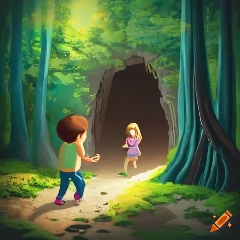 Image of a girl and a boy exiting a cave into a sunny forest on Craiyon