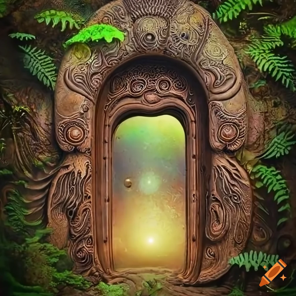 Clay door with cosmic design and natural elements on Craiyon