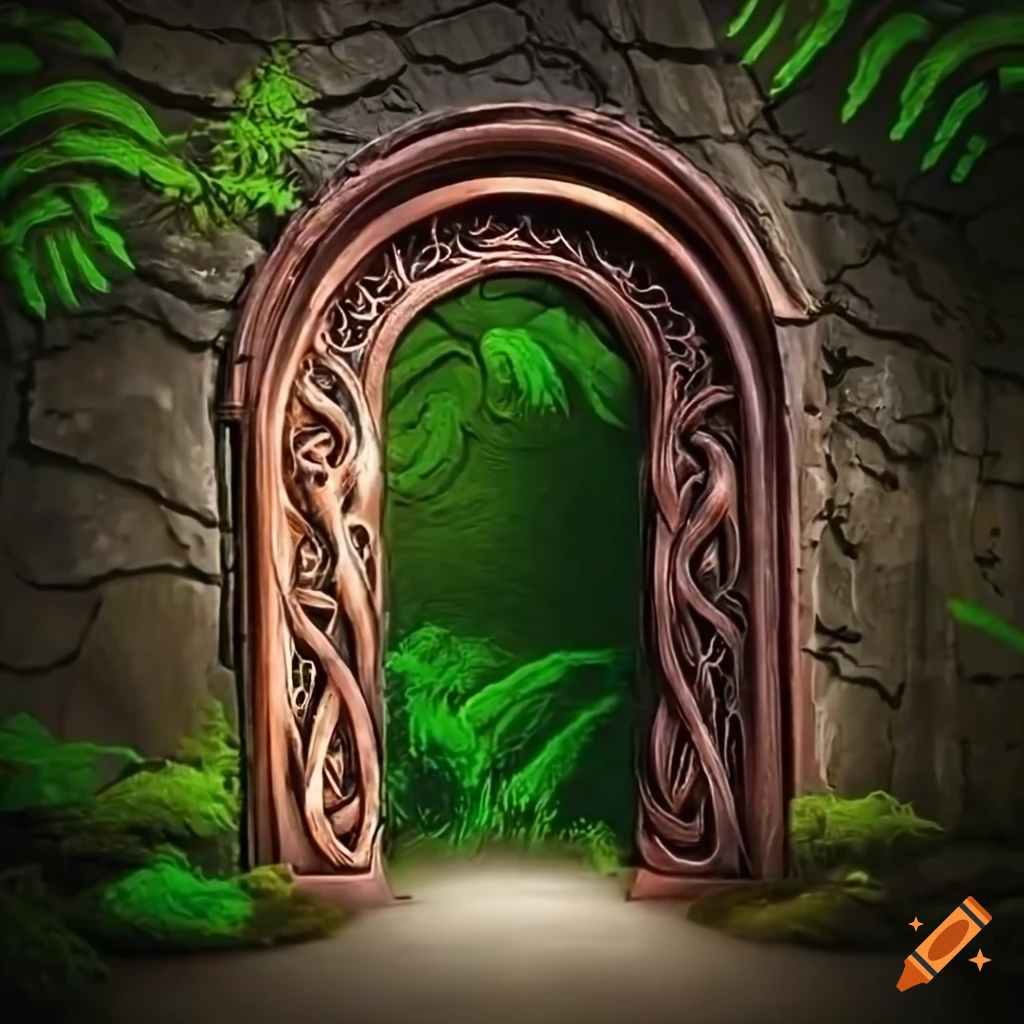 Ornate celtic engraved door with moss and ferns backdrop on Craiyon