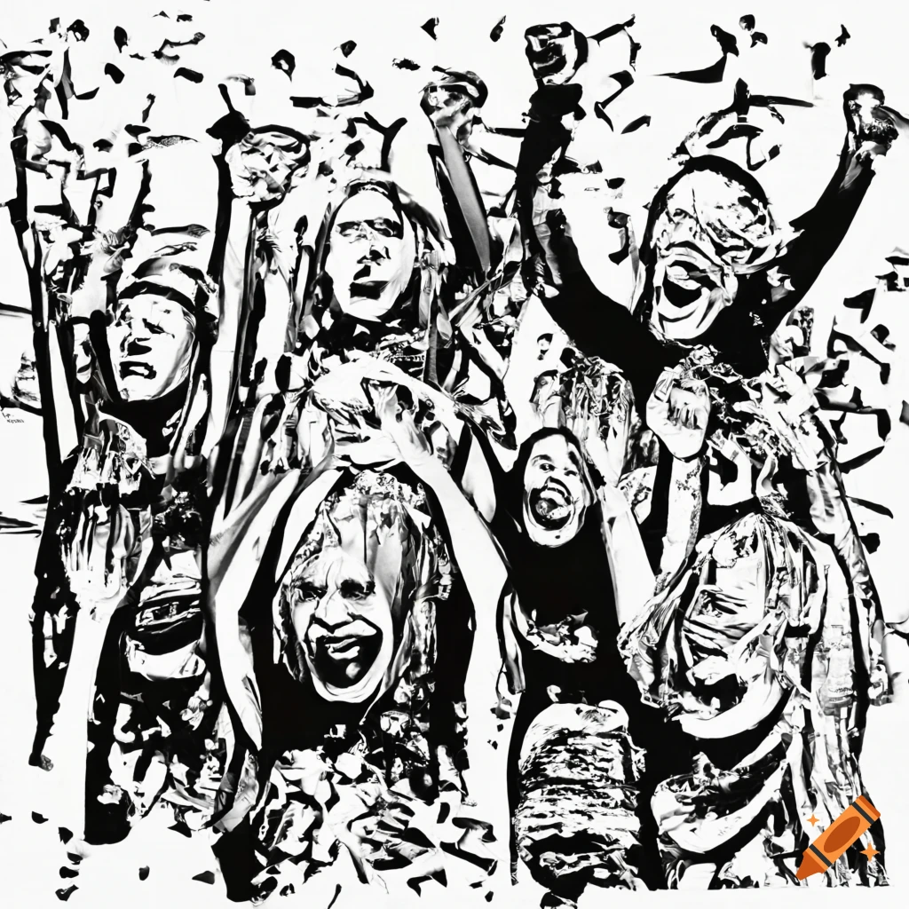 Crowd celebrating election victory with flags and confetti on Craiyon