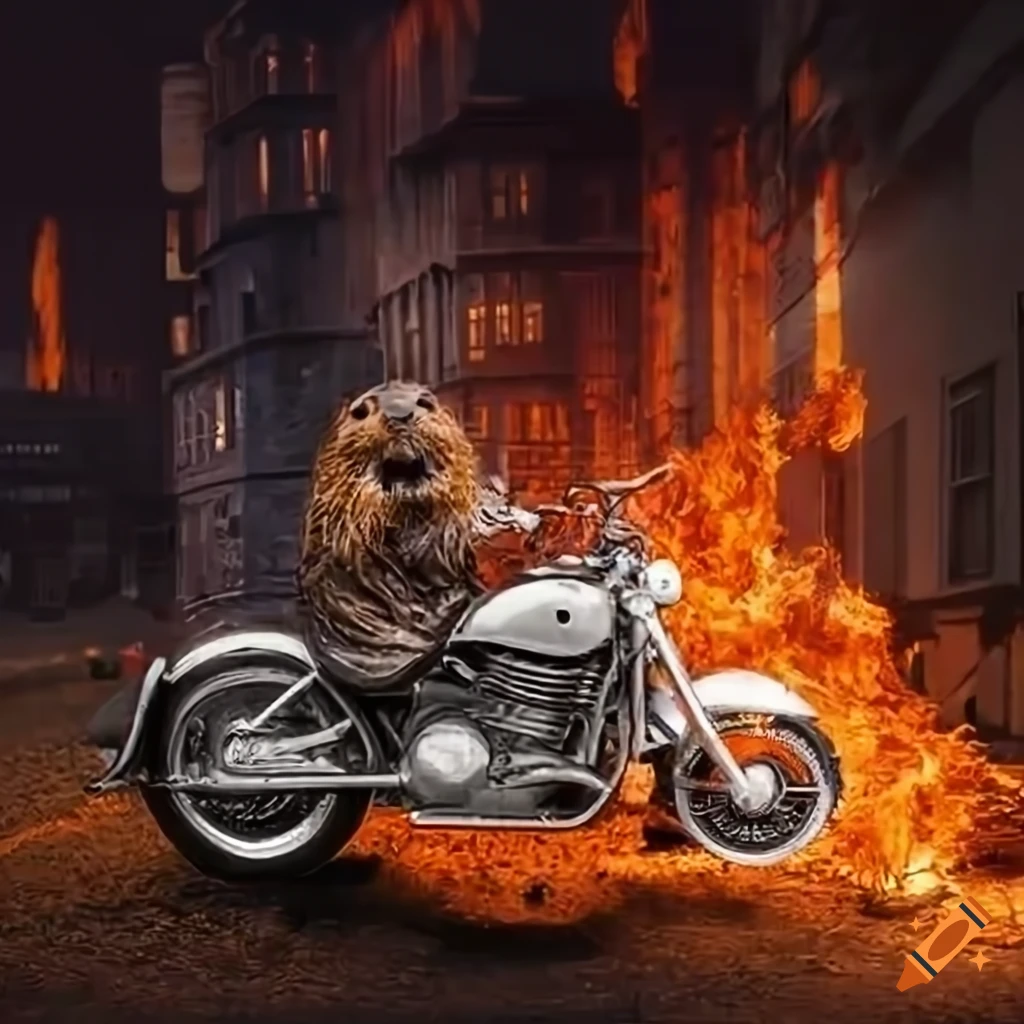 Beaver riding a motorcycle with a chainsaw in a burning city on Craiyon