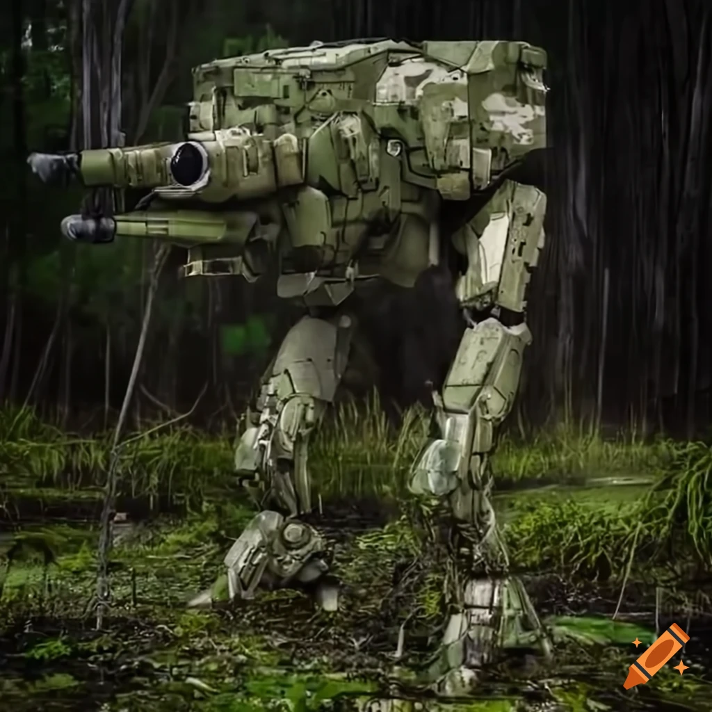 Camouflaged armored mech in a swamp on Craiyon