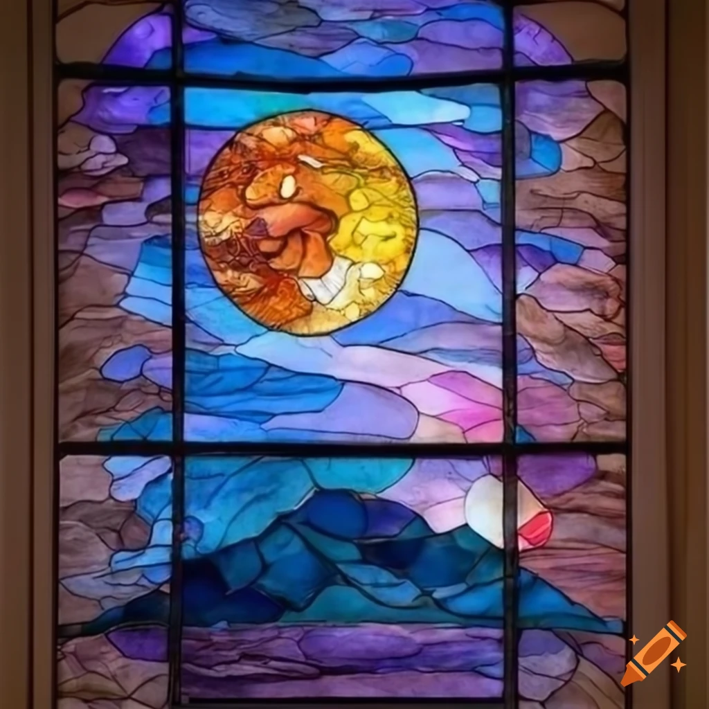 Intricate stained glass artwork depicting an image within a frame on ...