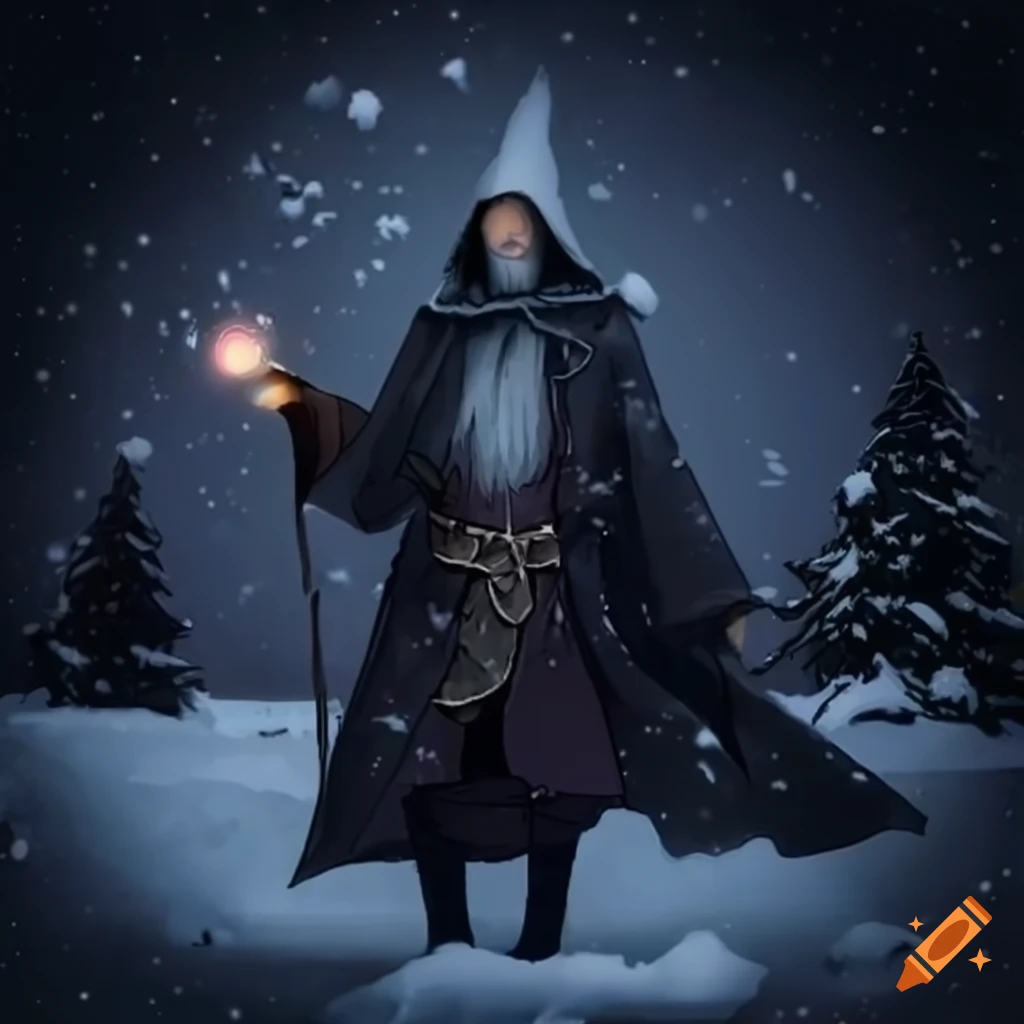 Dark fantasy wizard enjoying snow