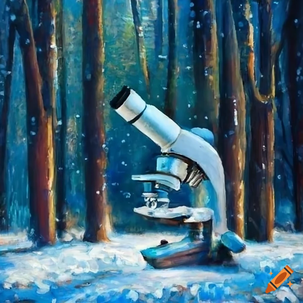 Psychedelic winter forest art with microscope setup on Craiyon