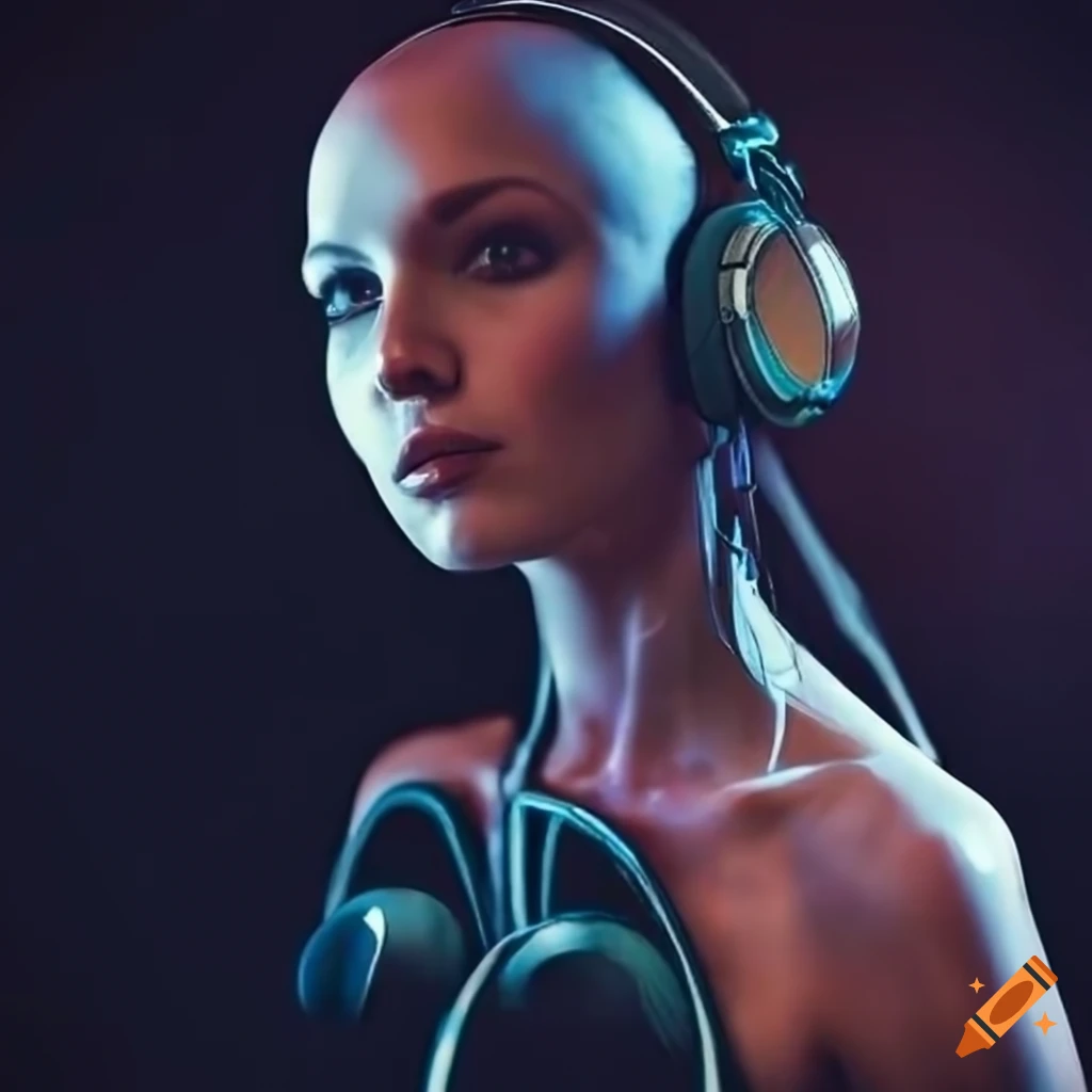 Futuristic space-princess with steel details and big headphones on Craiyon