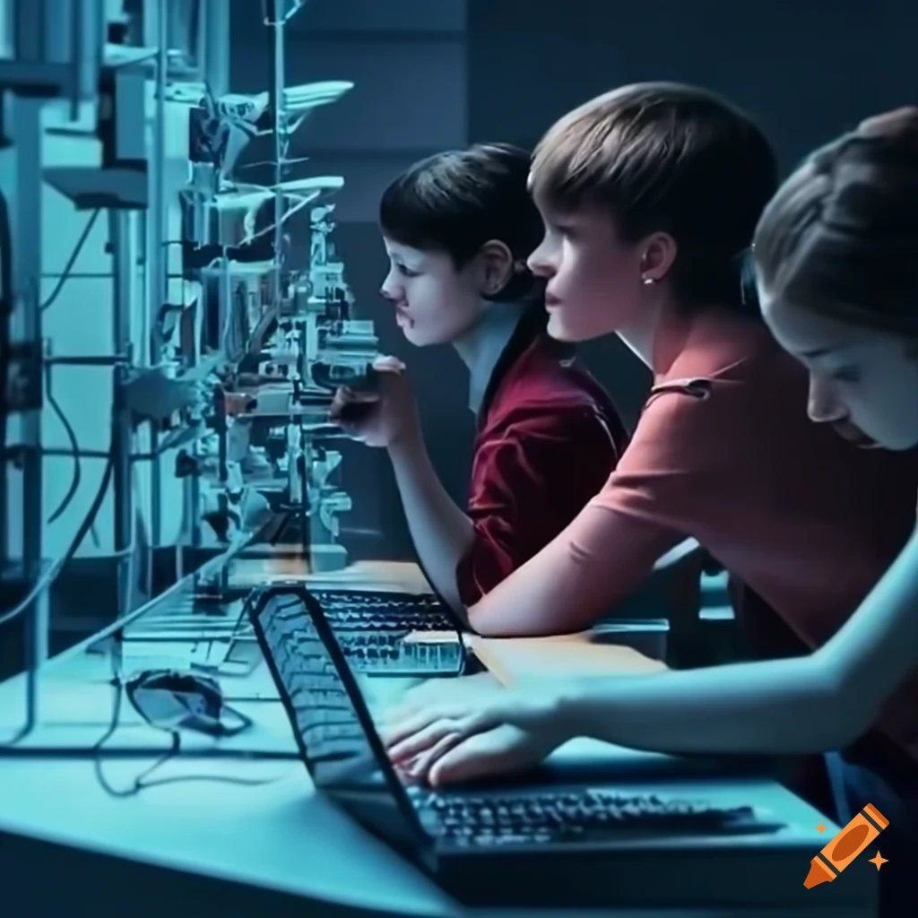 High school students learning math in high tech classroom