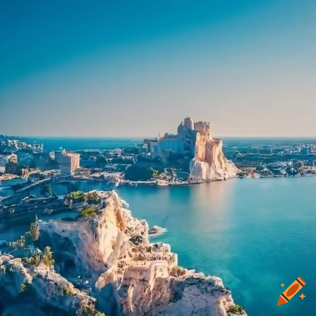Aerial view of a white marble city with waterfalls on Craiyon
