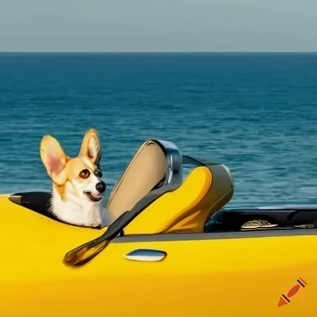 Corgi enjoying a ride in a convertible along the coast on Craiyon