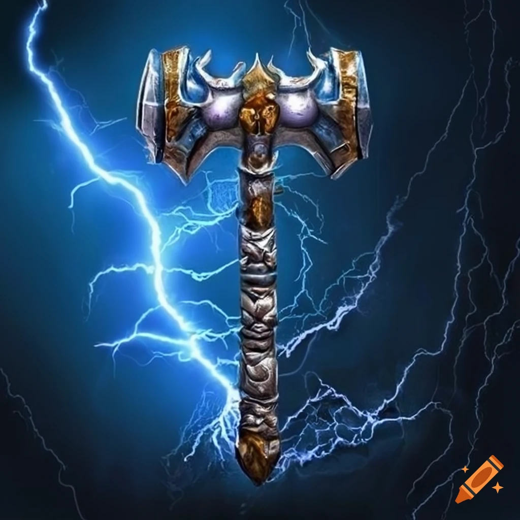 Silver divine war hammer with blue lightning on electric background on ...