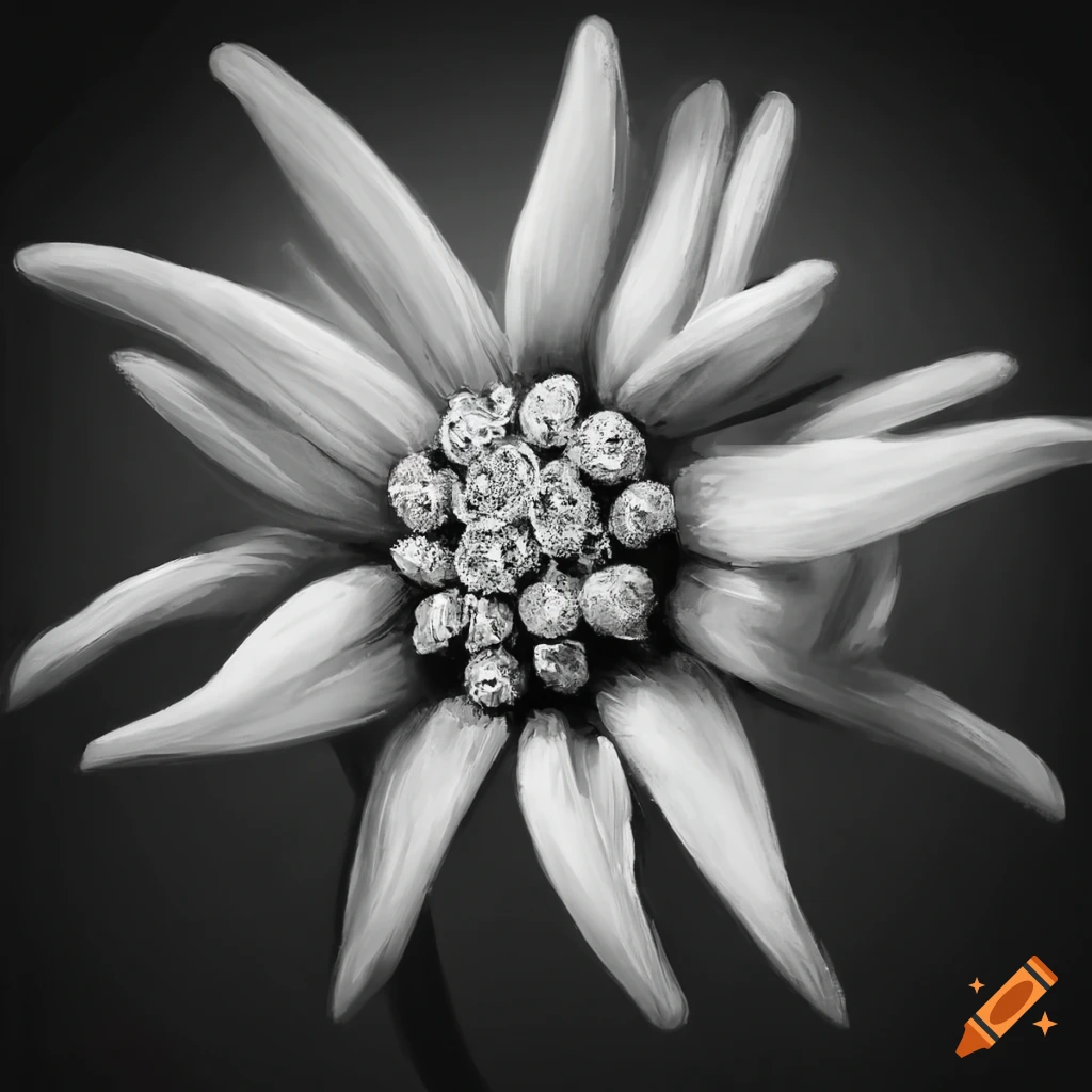 Black and white painting of an edelweiss flower on Craiyon