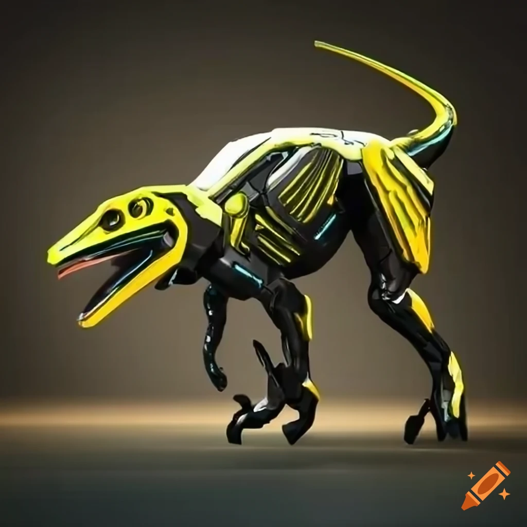 Futuristic robotic velociraptor with yellow accents on Craiyon