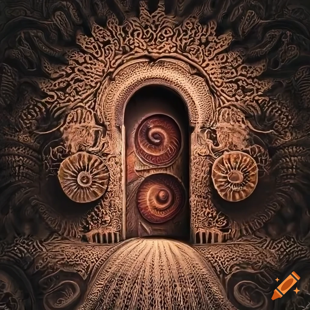 Clay door with cosmic design and natural elements