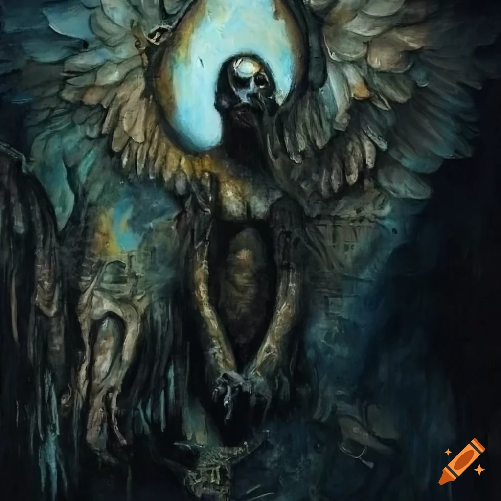 Dark oil painting of winged skeletal beings in a swirling abyss on Craiyon