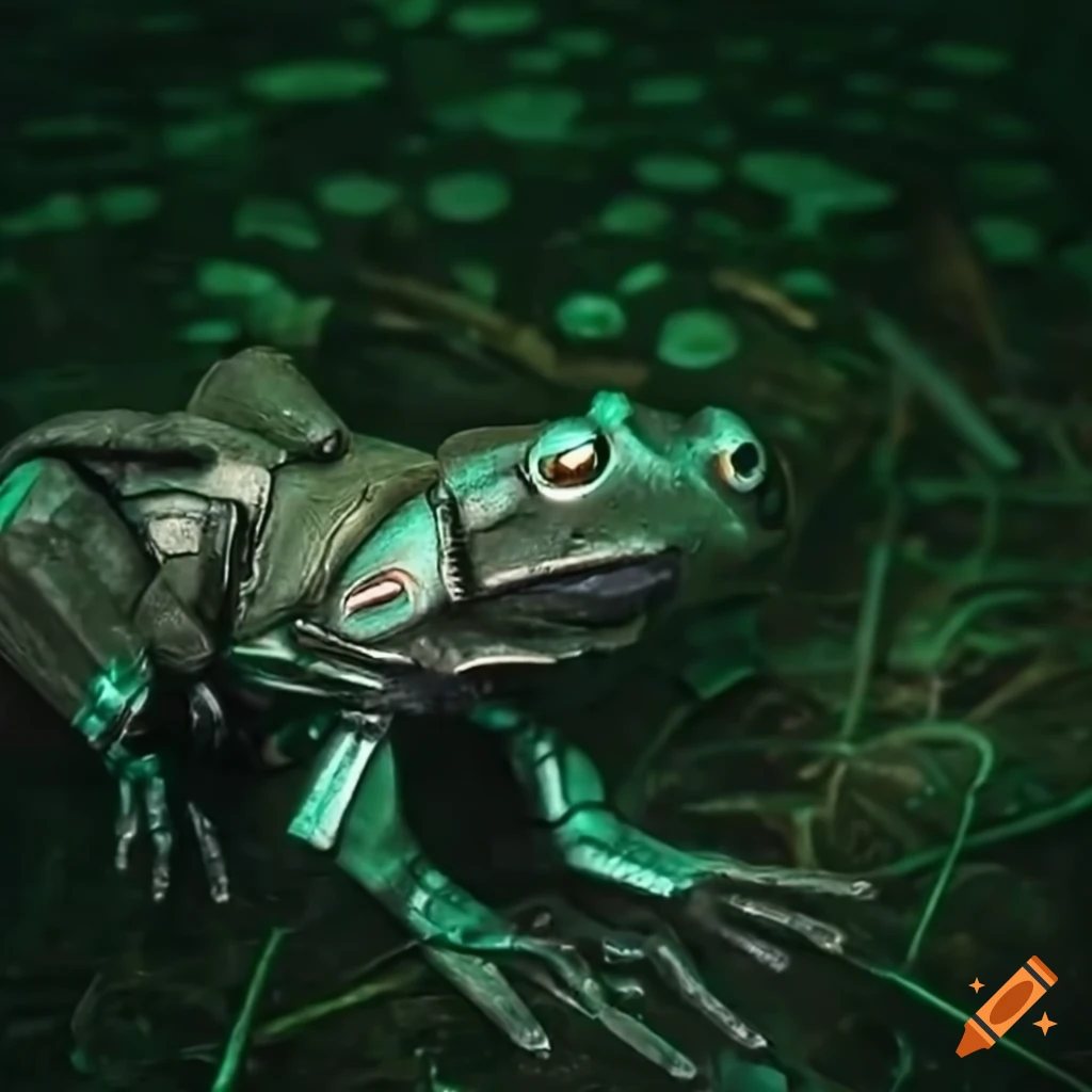 Artwork of a futuristic mechanical frog with a plasma rifle on Craiyon